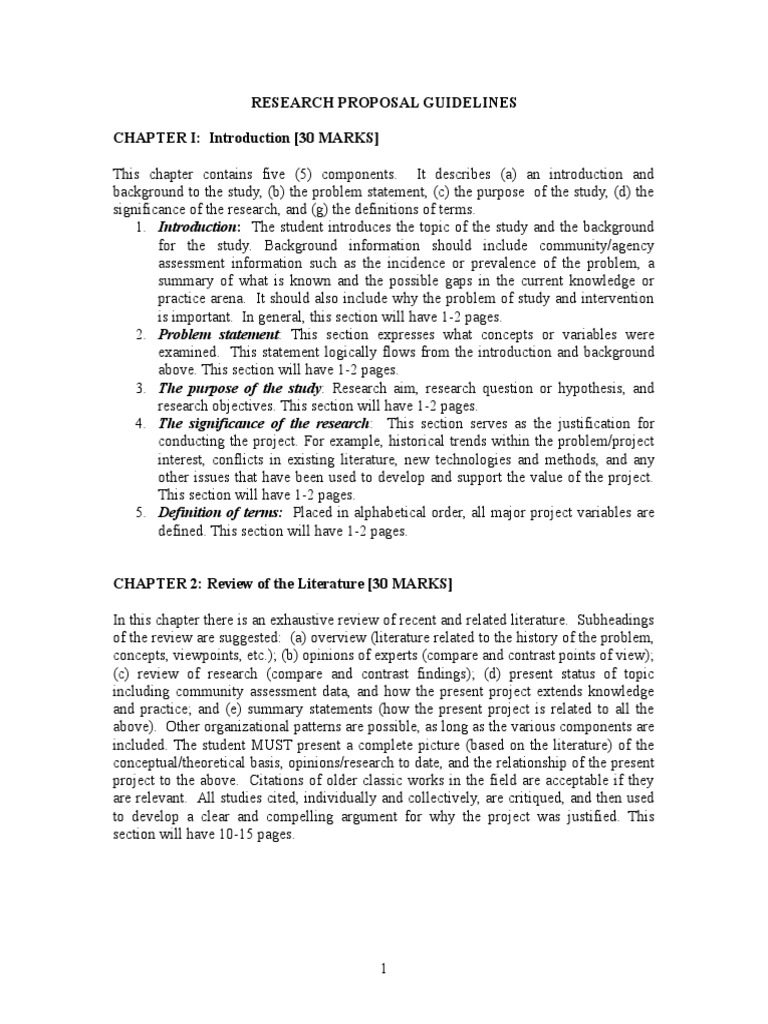 Research Proposal Guidelines CHAPTER I: Introduction (30 MARKS) | PDF ...