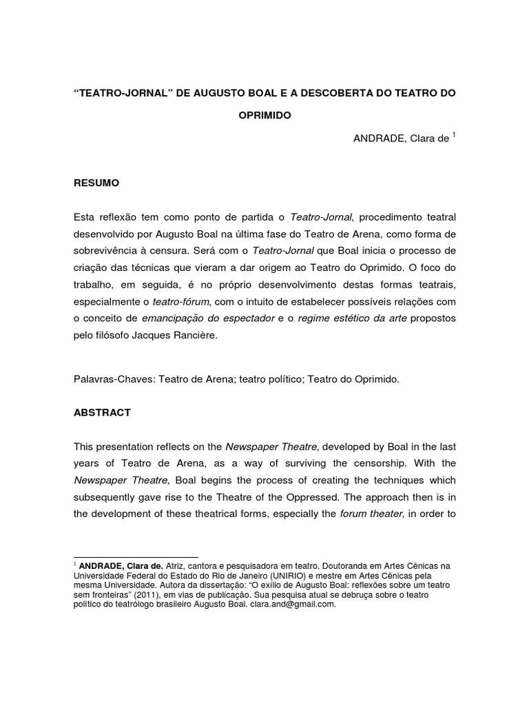 Teatro Jornal de Augusto Boal e A Descoberta Do Teatro Do Oprimido ...