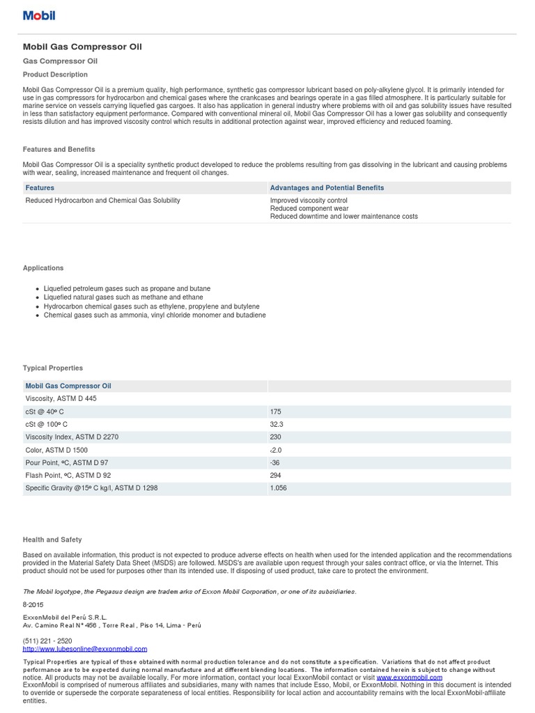 Gas Compressor Oil | PDF | Natural Gas | Exxon Mobil
