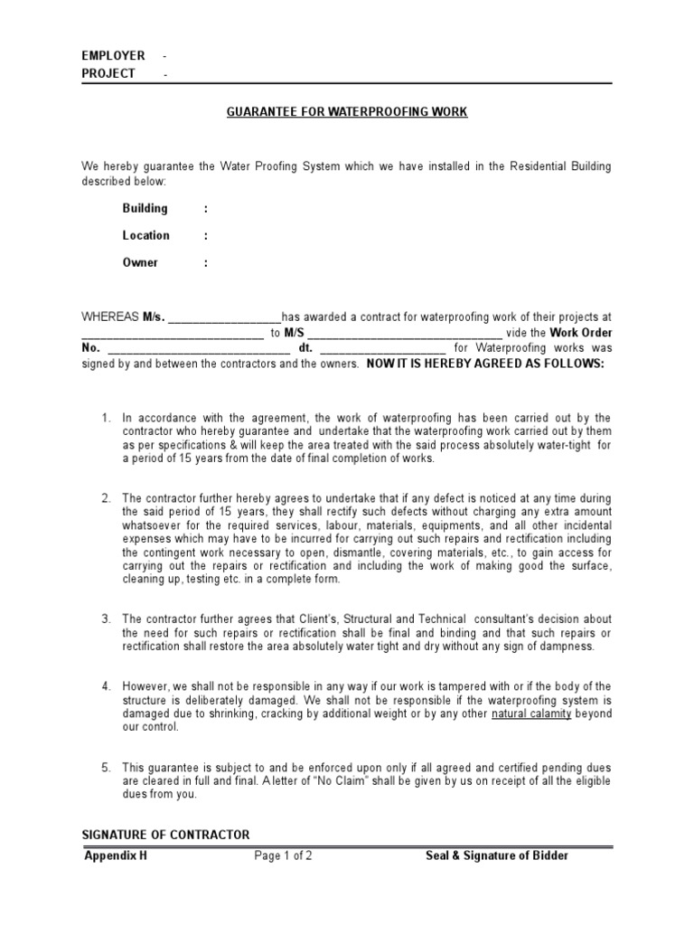 Waterproofing Work Guarantee Certificate | PDF | Guarantee | Private Law