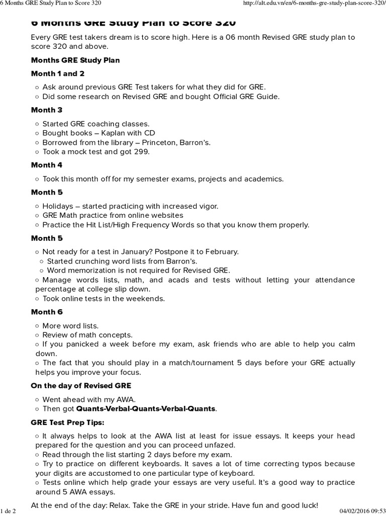 6 Months GRE Study Plan To Score 320 | PDF