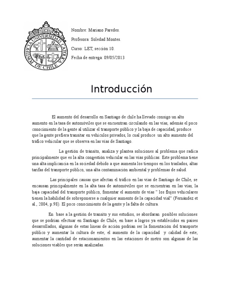 Soluciones a la congestión vehicular en Santiago | PDF