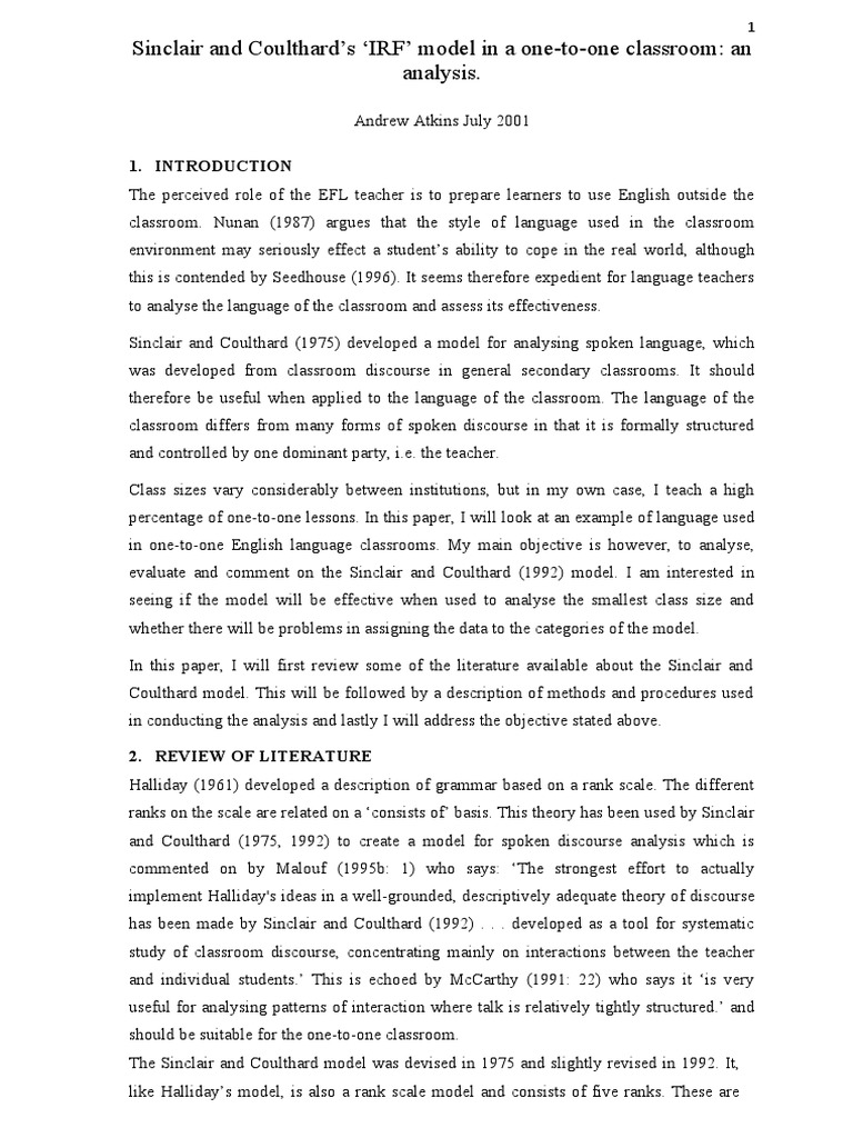 Sinclair and Coulthard's IRF' Model in A One-To-One Classroom An ...