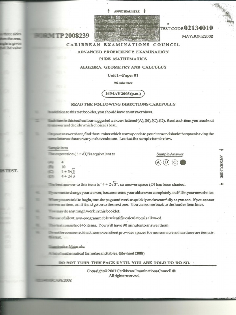 Pure Mathematics Unit 1 Paper 1 2008 | PDF