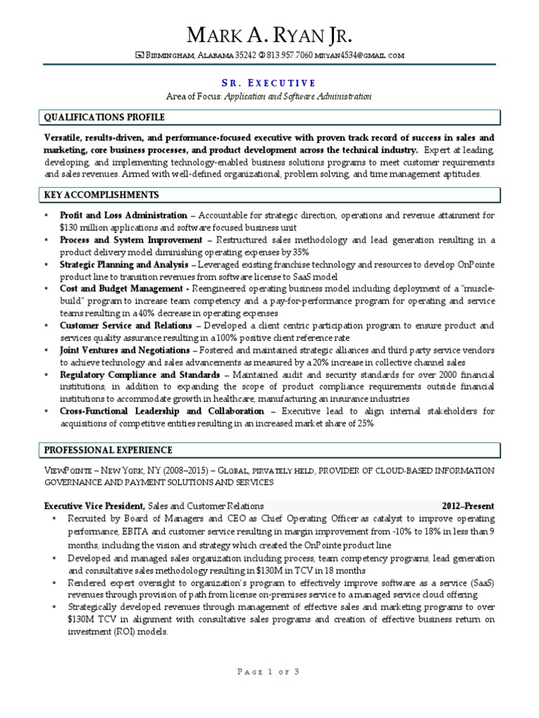 COO Chief Revenue Officer in USA Resume Mark Ryan | Software As A ...