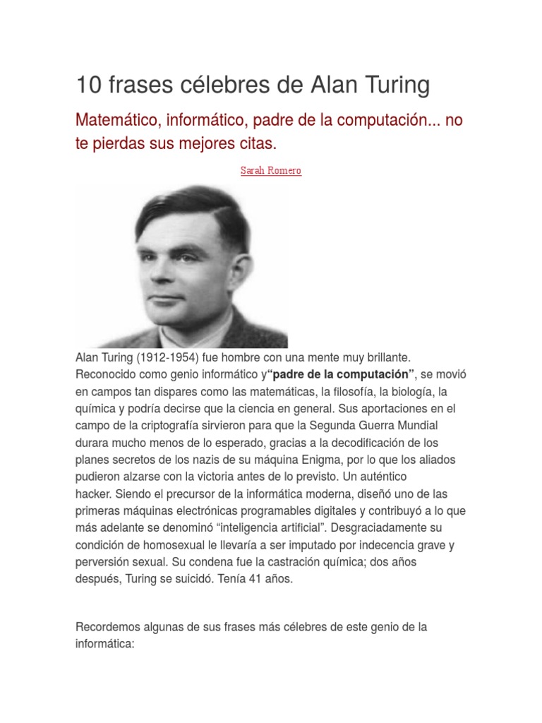 Alan Turing y Sus Frases | PDF | Alan Turing | Ciencias de la Computación
