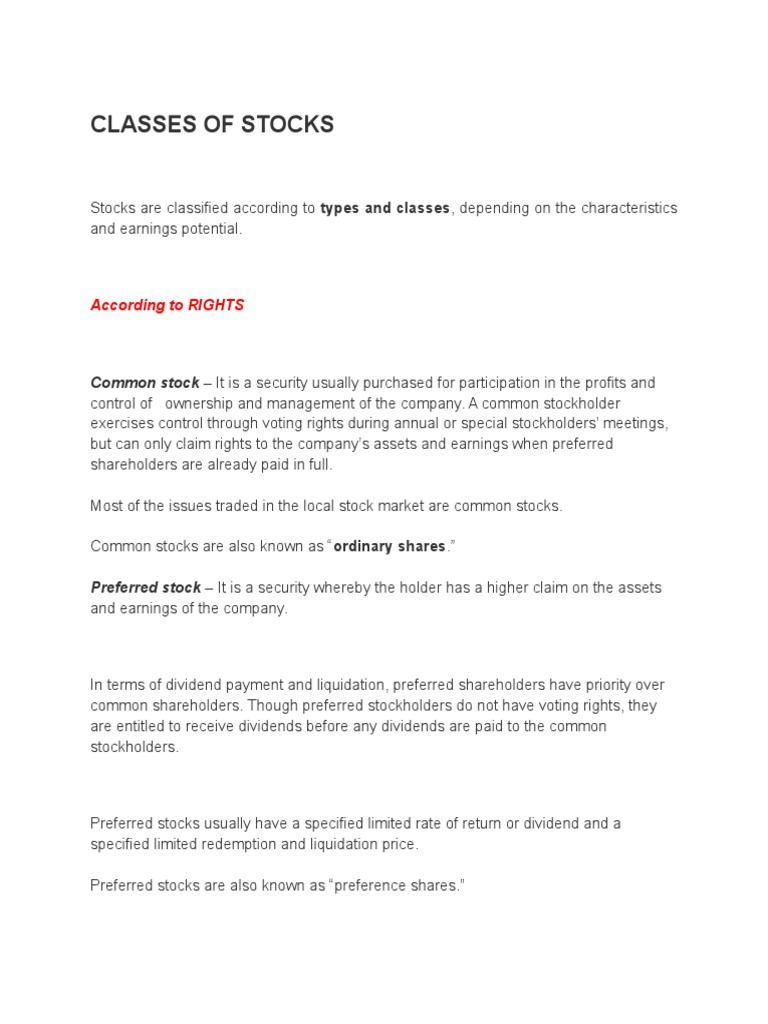 Classes of Stocks: According To RIGHTS | PDF | Preferred Stock | Stocks
