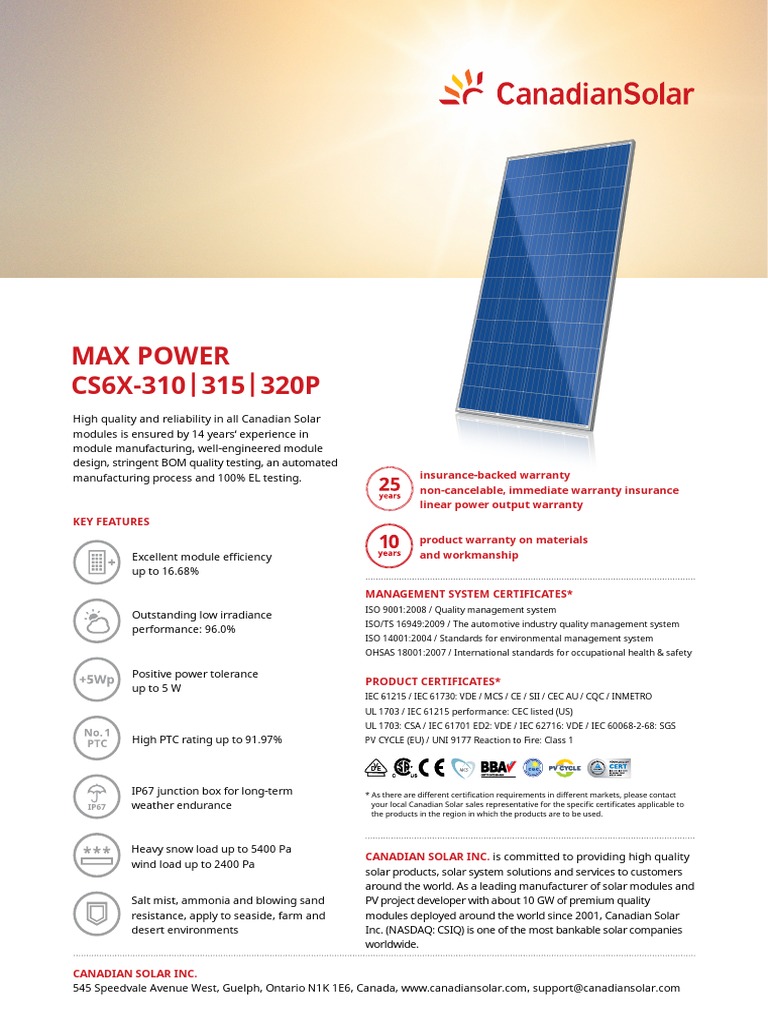 Canadian Solar 320W | PDF | Electrical Engineering | Energy And Resource