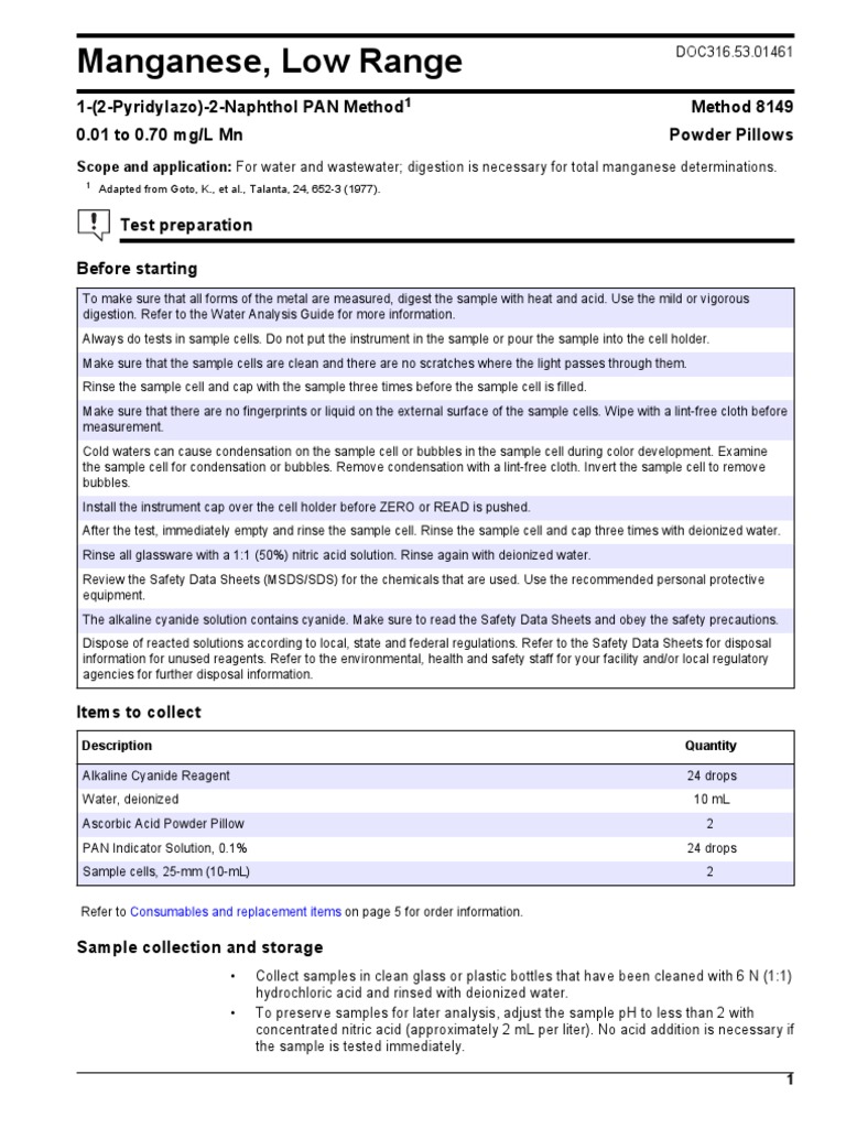 Hach Manganese Test Method 8149 | PDF | Manganese | Magnesium