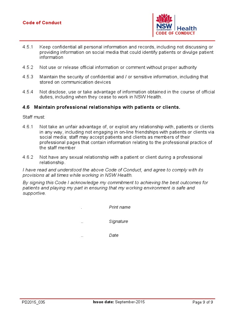 NSW Health Code of Conduct Agreement | PDF | Self-Improvement