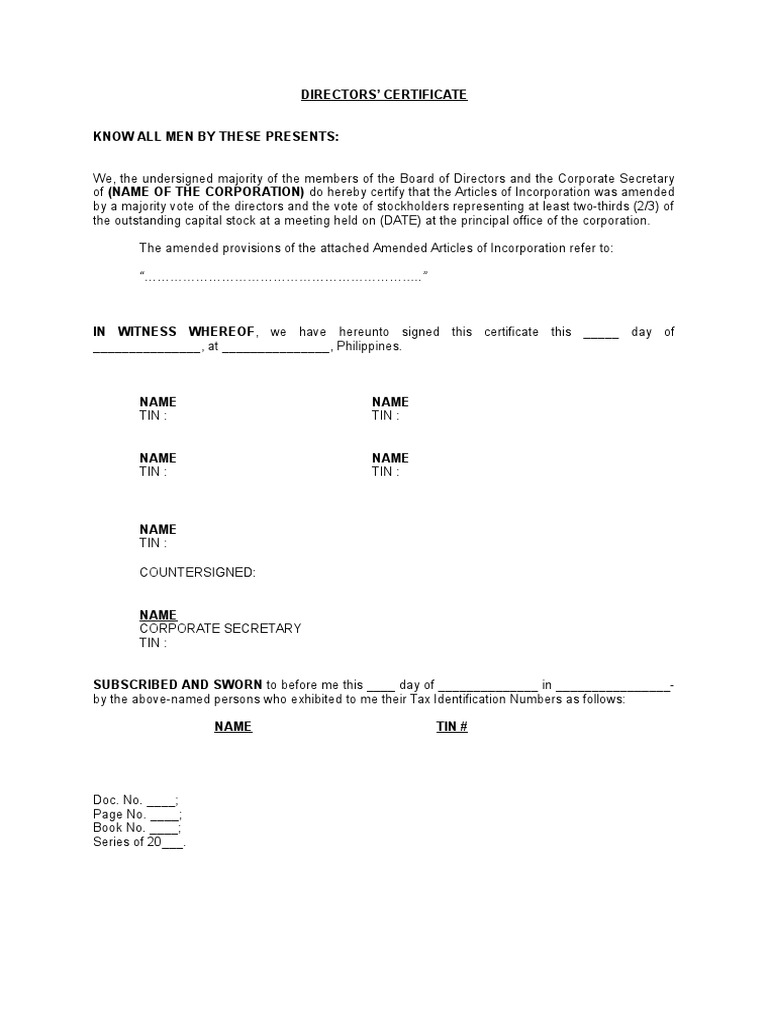 Directors Certificate Sample | PDF