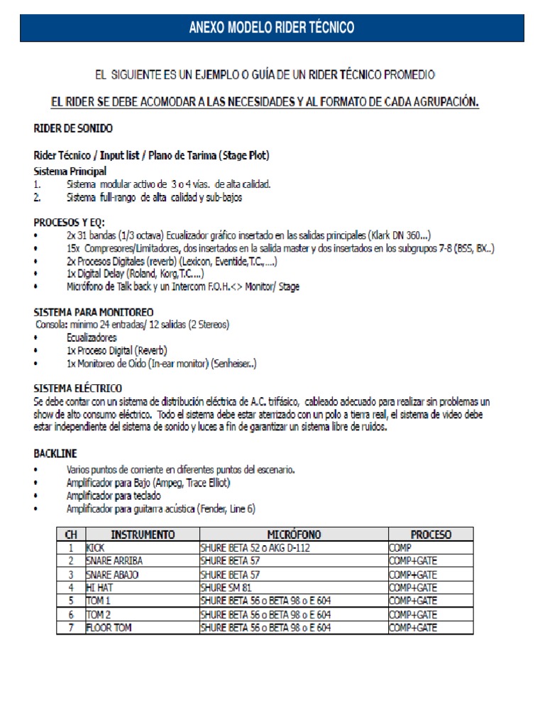 Anexo Modelo Rider Tecnico y Stage Plot 1 | PDF