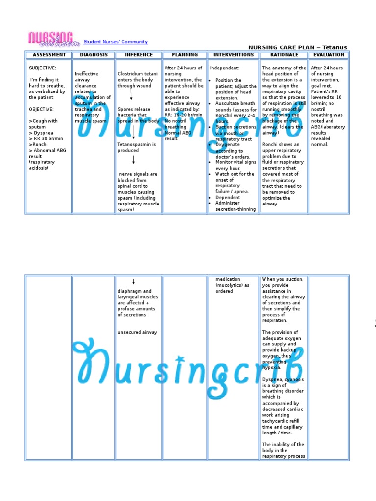 Nursing Care Plan For 2 Tetanus NCP | PDF