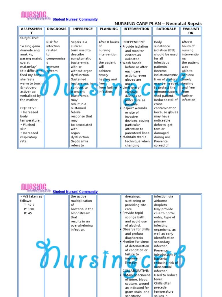 Nursing Care Plan For Neonatal Sepsis NCP | PDF | Infection | Sepsis
