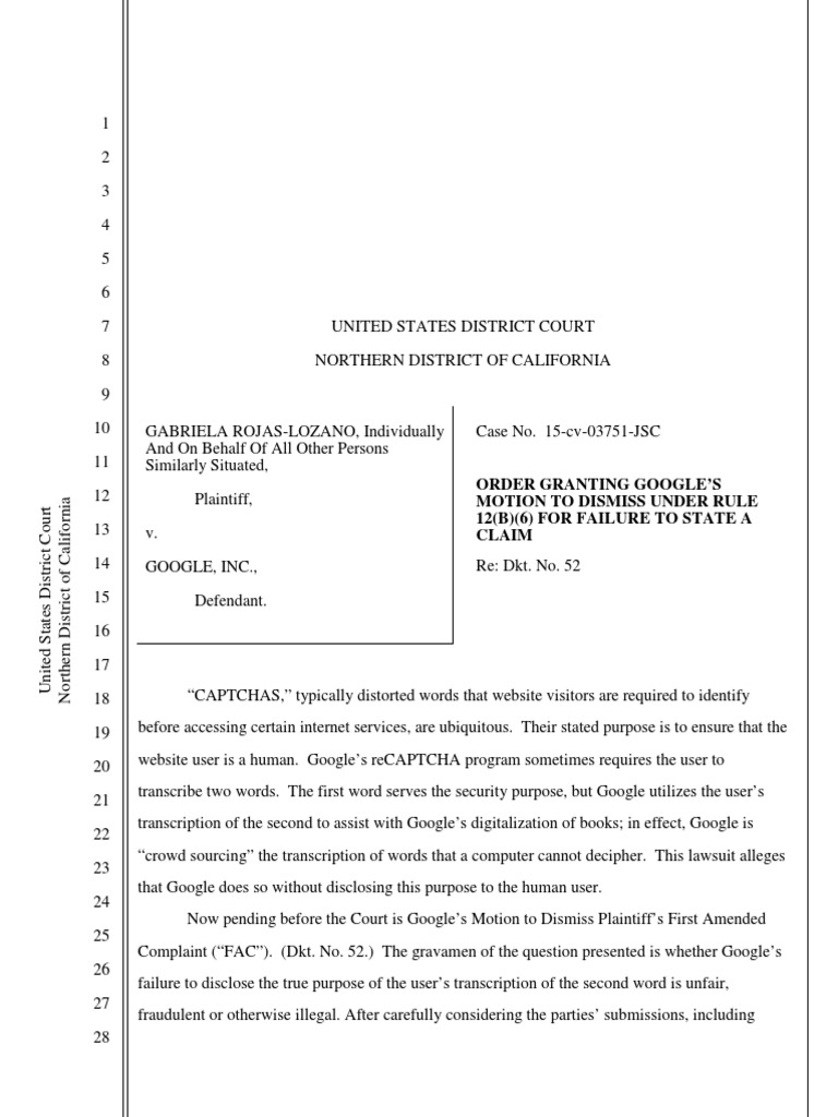 Order Granting Google’S Motion To Dismiss Under Rule 12(B)(6) For Failure To State A Claim
