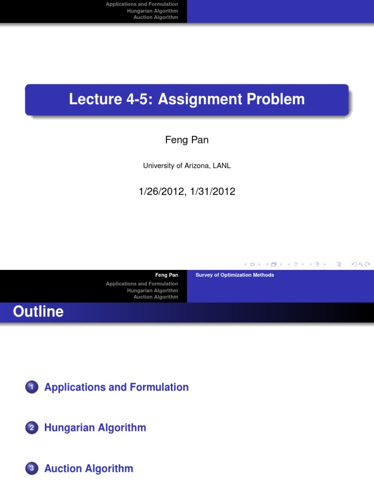 Lecture 4-5: Assignment Problem: Feng Pan | PDF | Algorithms And Data ...
