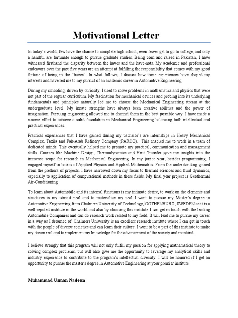 Motivational Letter for Master in Automotive Engineering From Chalmers ...