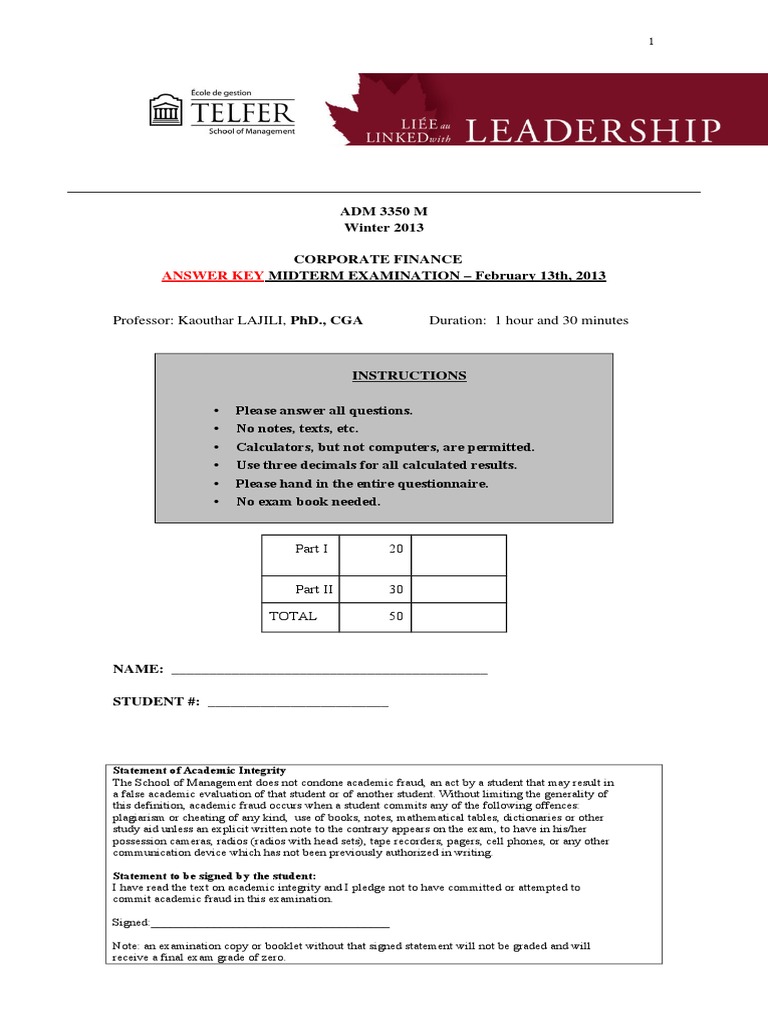 Solution Midterm Exam Adm 3350 M 2013 | PDF | Capital Structure | Revenue