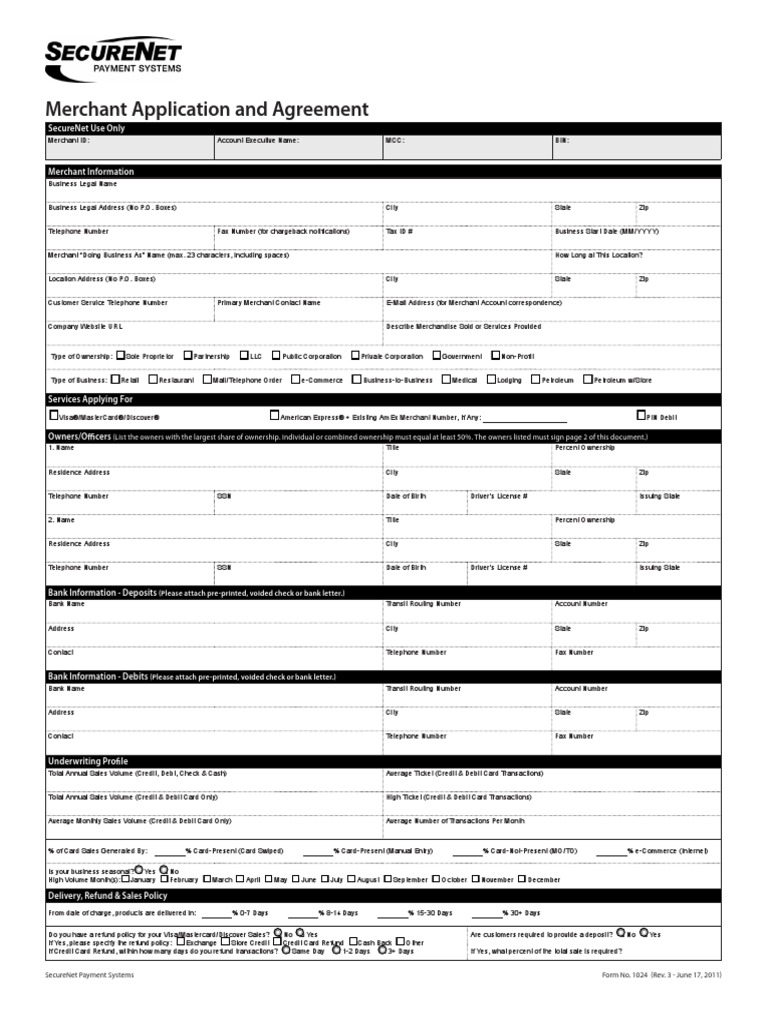 SecureNet Merchant Credit Card Application and Agreement | PDF | Debit Card | Debits And Credits