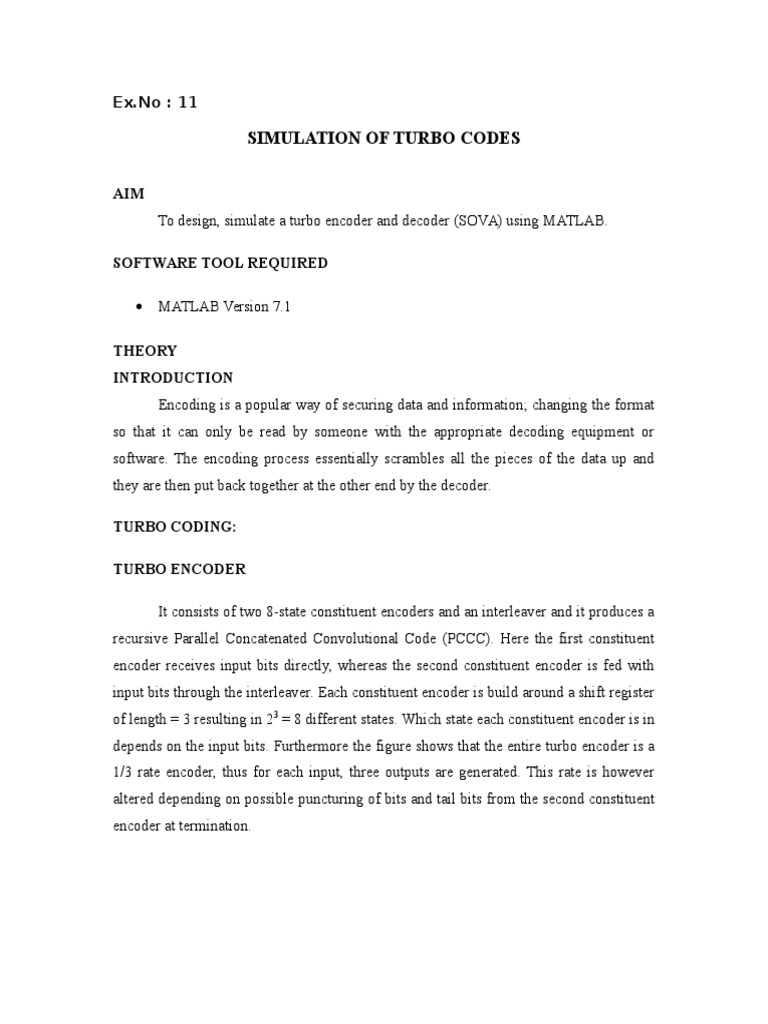 Simulation of Turbo Codes: Ex - No: 11 | PDF | Forward Error Correction ...