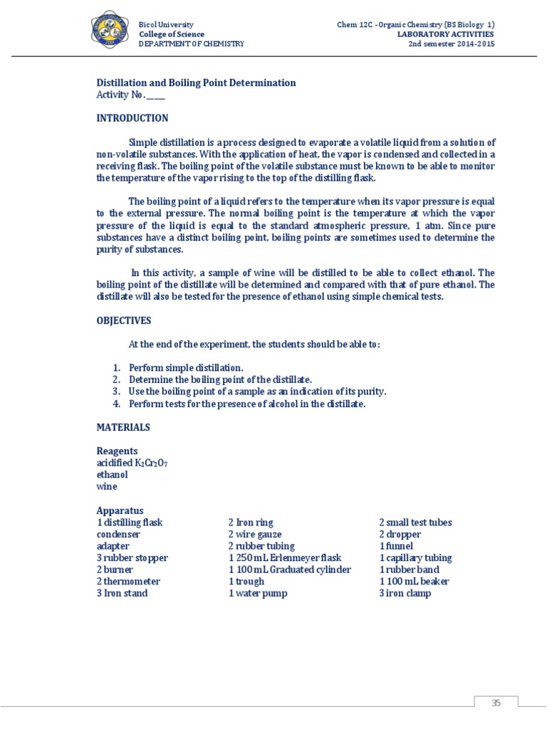 Distillation Boiling Point Determination | PDF | Distillation | Ethanol