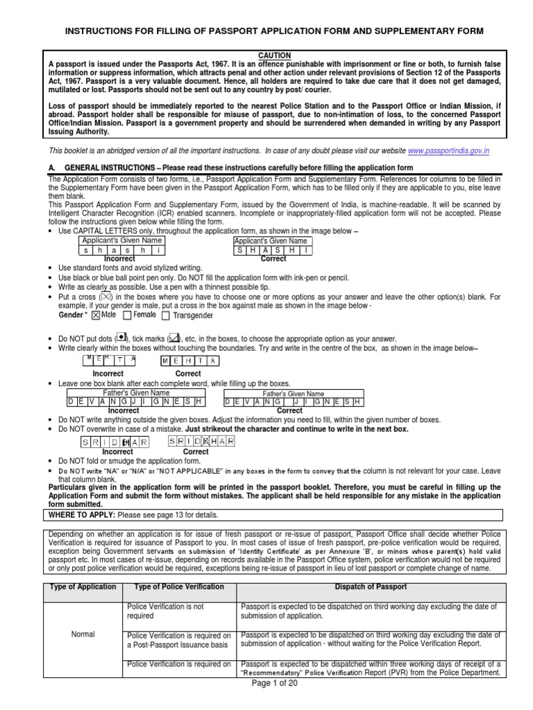 Instructions For Filling Of Passport Application Form And Supplementary Form