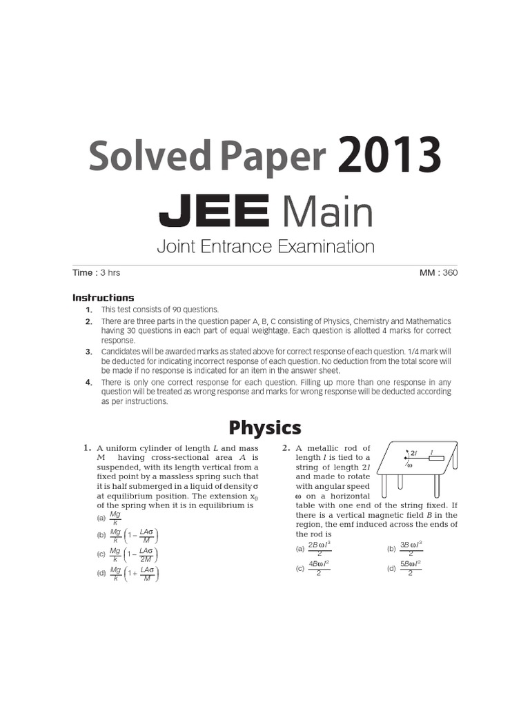 JEE Main 2013 Solved Paper Overview | PDF | Capacitor | Magnetic Field