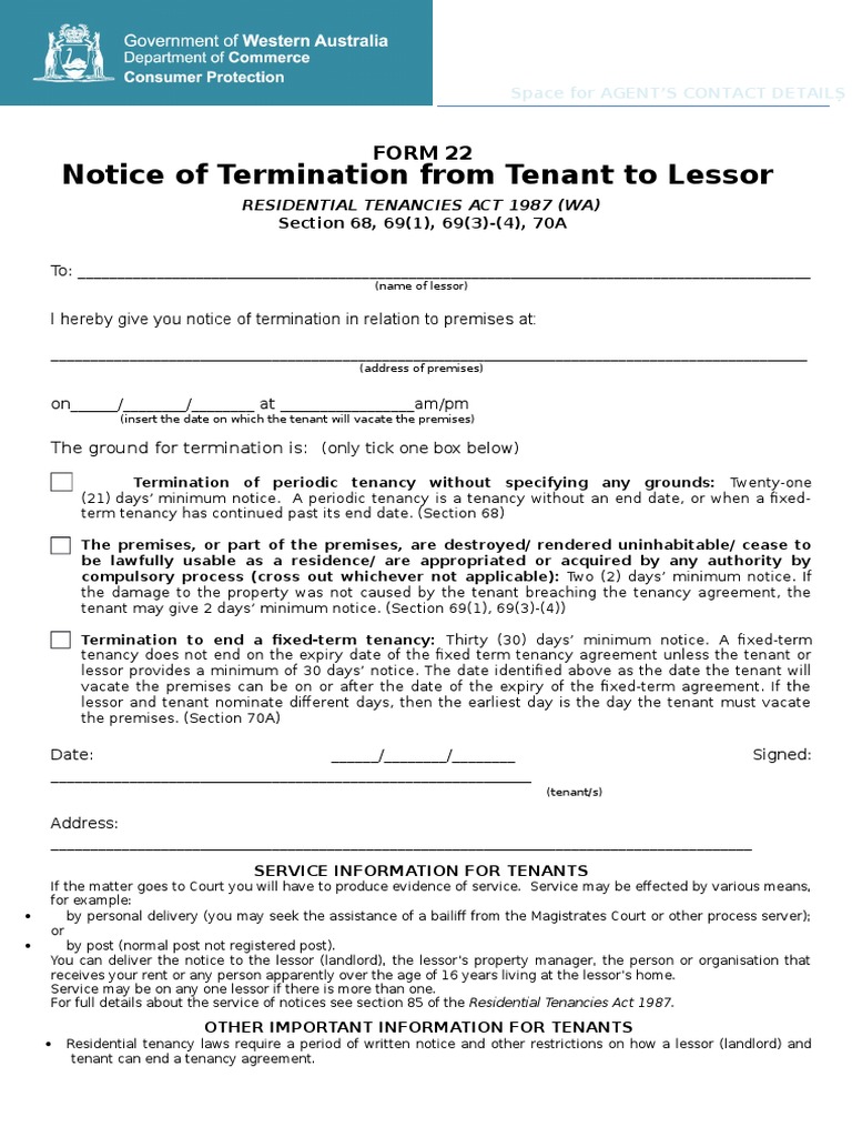 Notice of Termination From Tenant To Lessor: Form 22 | PDF | Lease ...