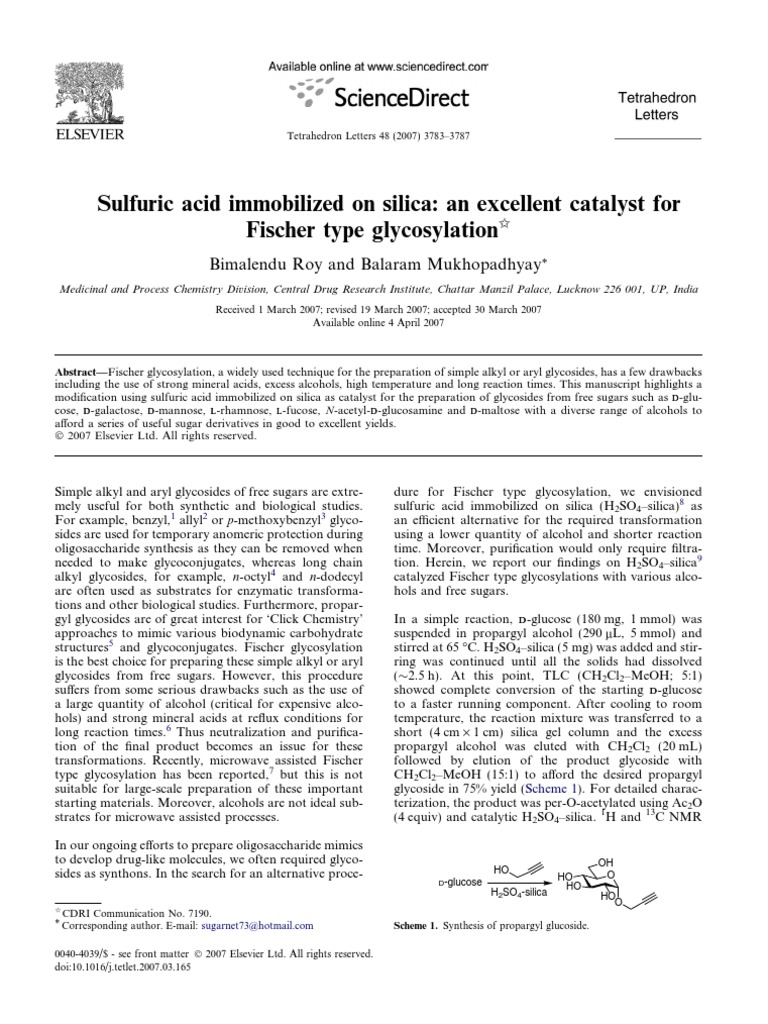 Sulfuric Acid Immobilized On Silica An Excellent Catalyst For | PDF ...