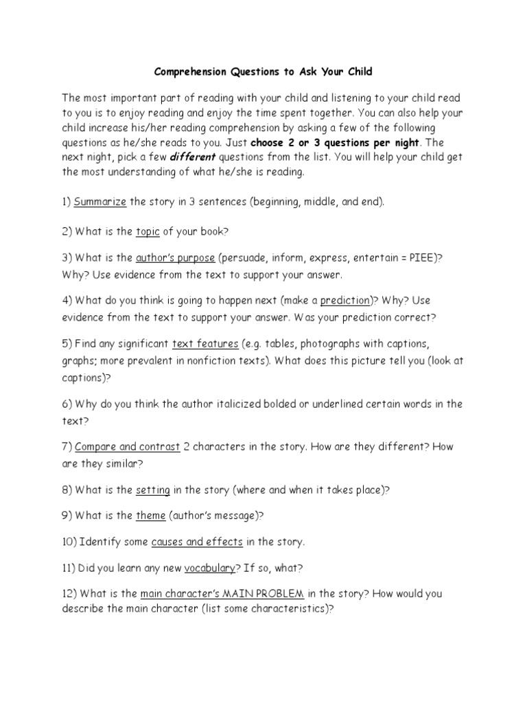 Reading Comprehension Questions For Home | PDF | Reading Comprehension ...