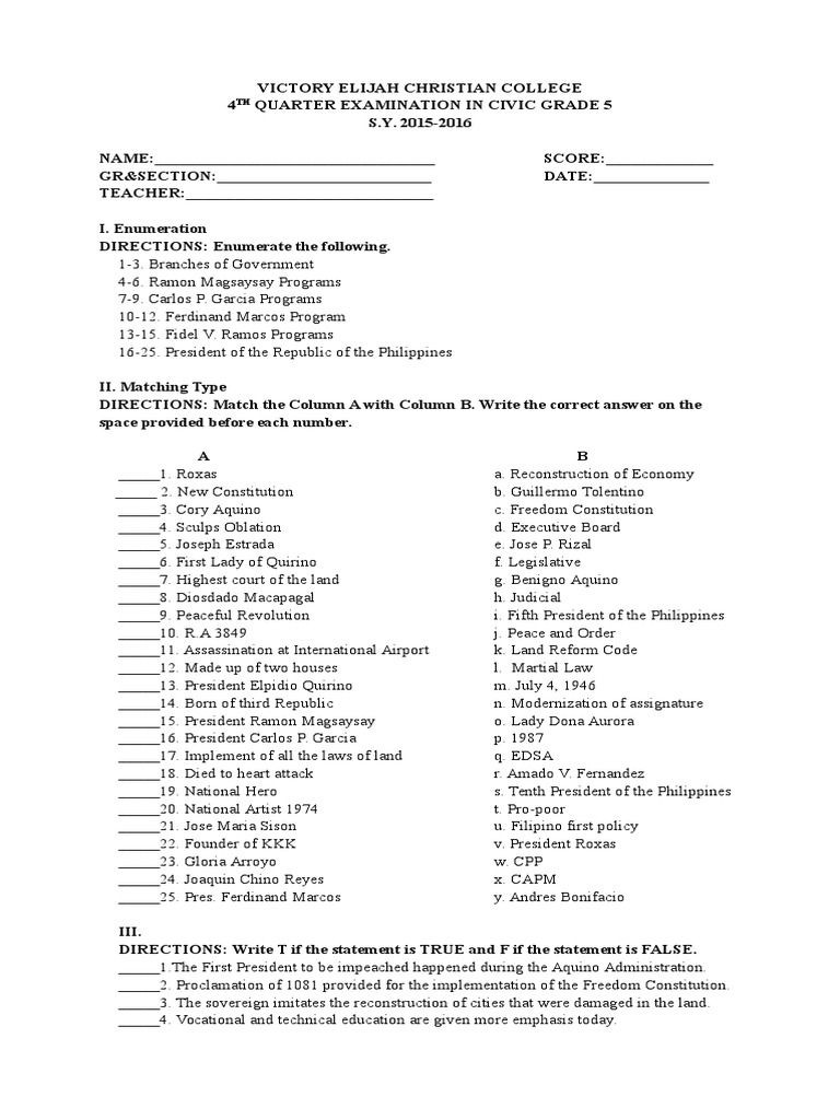 Civic Grade 5 4th Quarter Exam | President Of The Philippines | Corazon ...