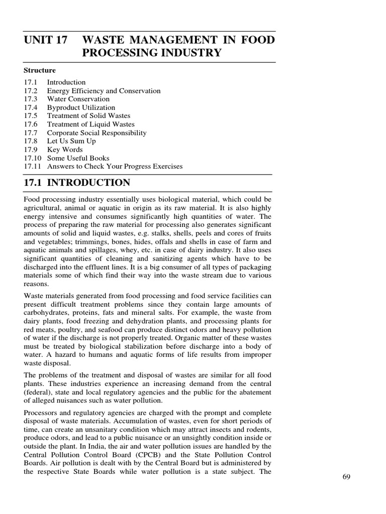 Unit 17 Waste Management in Food Processing Industry: Structure ...