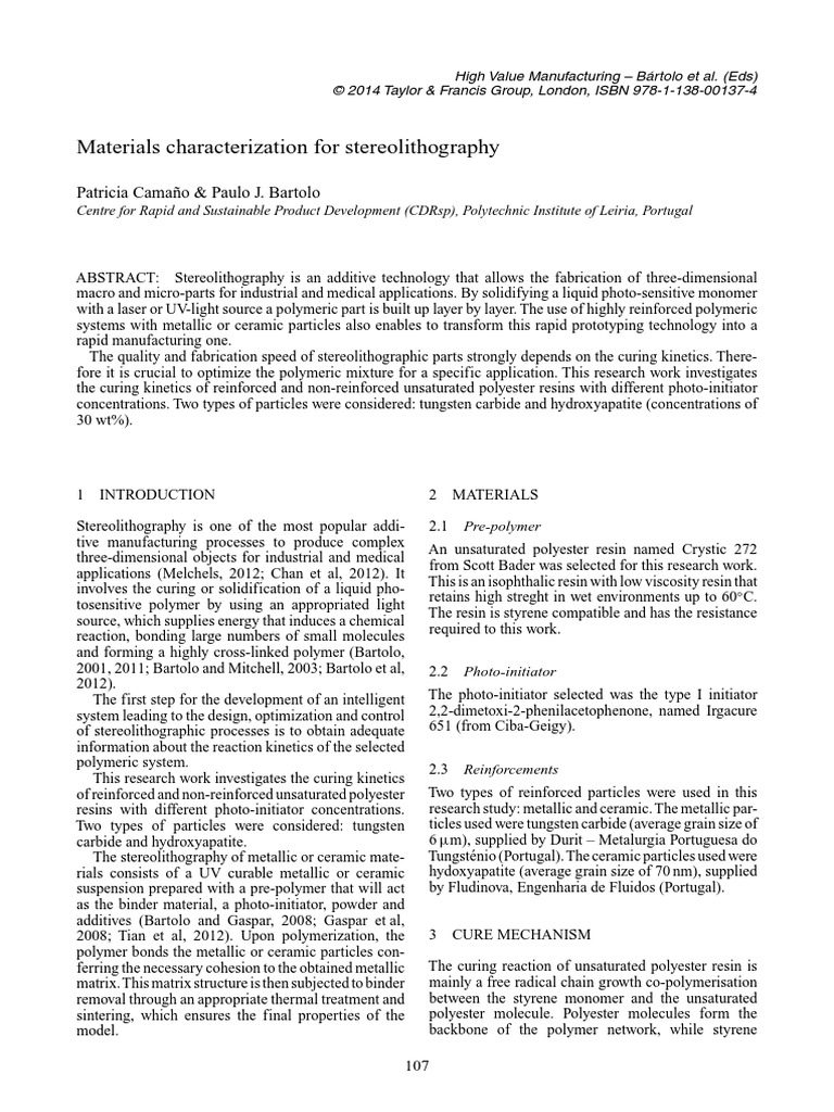 Materials Characterization For Stereolithography | PDF | Polymerization | Polymers