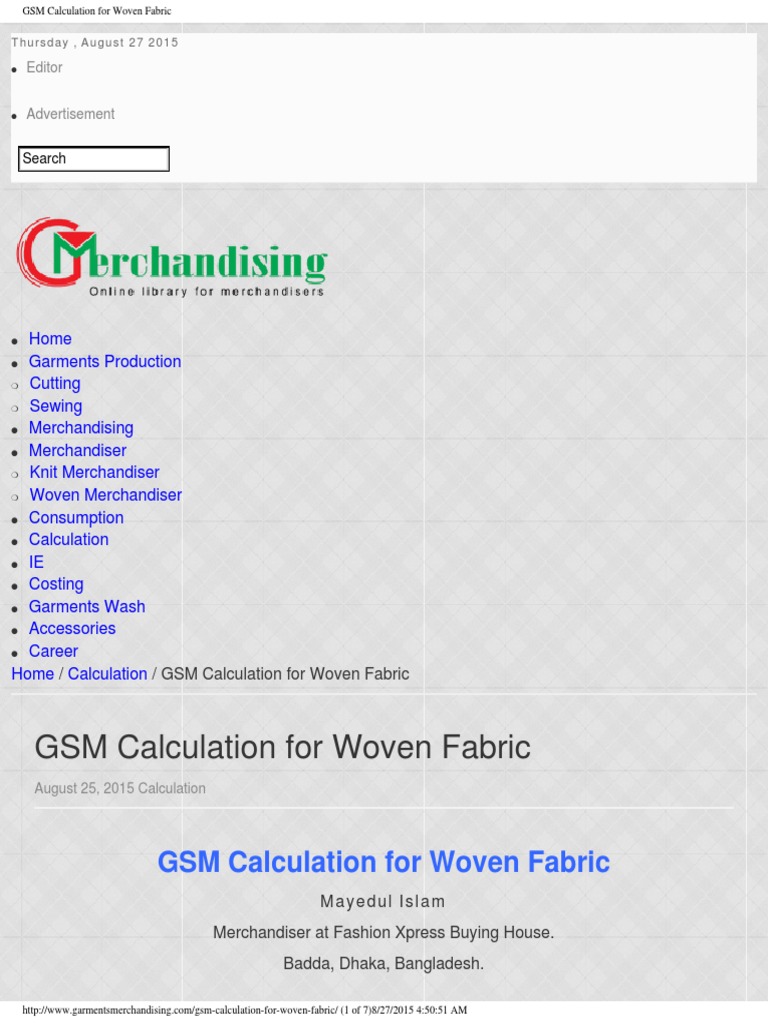 GSM Calculation For Woven Fabric | PDF | Textiles | Weaving