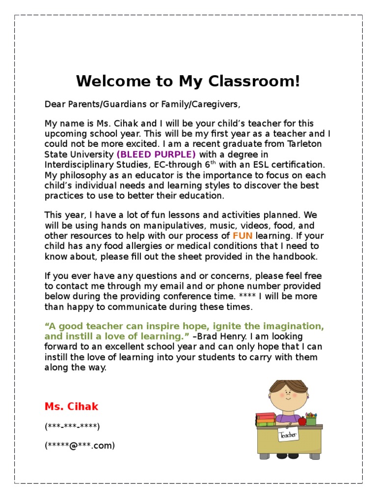 My Classroom Letter | PDF | Self-Improvement | Wellness