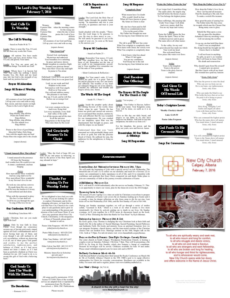 February 7, 2016 Worship Folder | PDF | Lent | Confession (Religion)