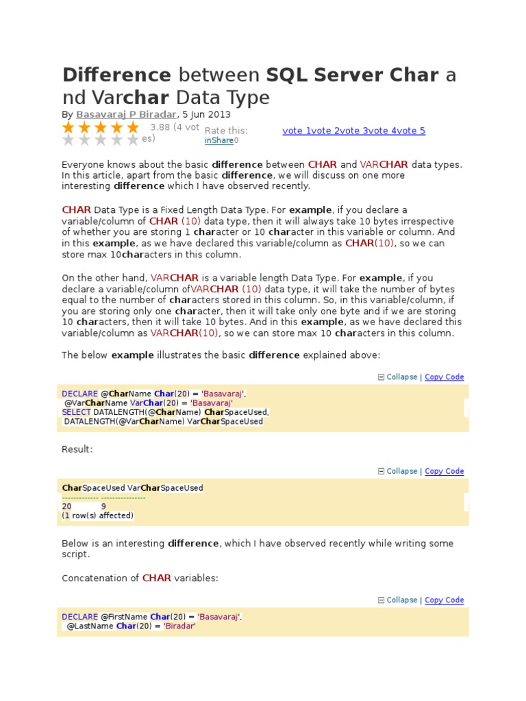 Difference Between Char and Varchar | Data Type | Byte