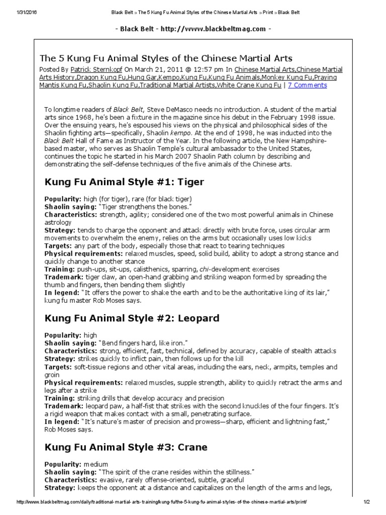 The 5 Animal Styles of Kung Fu | PDF | Chinese Martial Arts | East ...