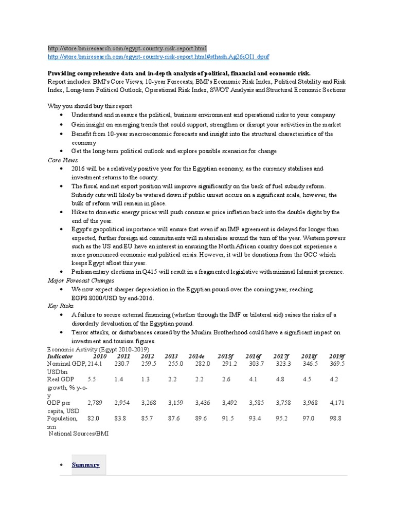Country Risk Analysis Egypt Information 1 | PDF | Government Budget ...