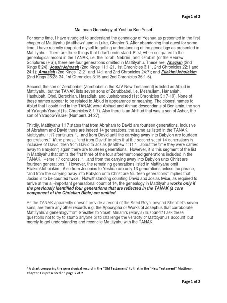 Matthean Genealogy of Yeshua Ben Yosef | PDF | Ancient Jews | Hebrew Bible