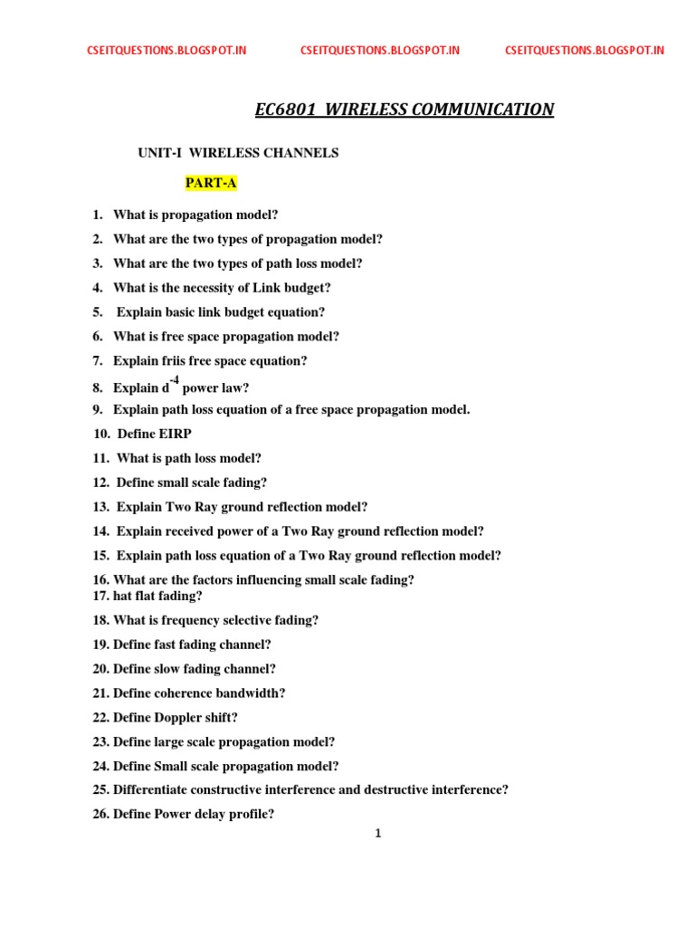 Question Bank For Wireless Communication | PDF | Mimo | Orthogonal ...