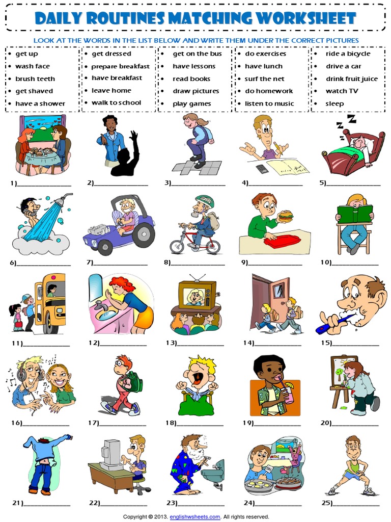 Daily Routines Matching Worksheets Esl Vocabulary Action Verbs Riset