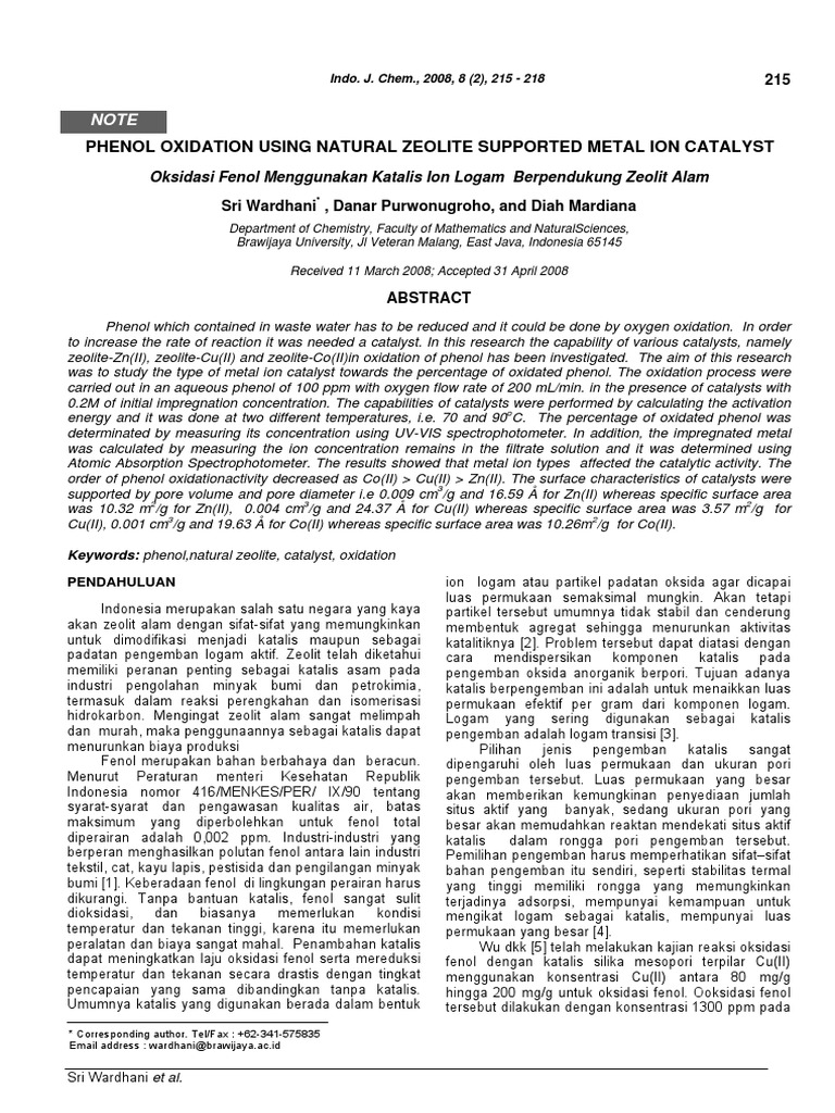 Phenol Oxidation Using Natural Zeolite Supported Metal Ion Catalyst | PDF