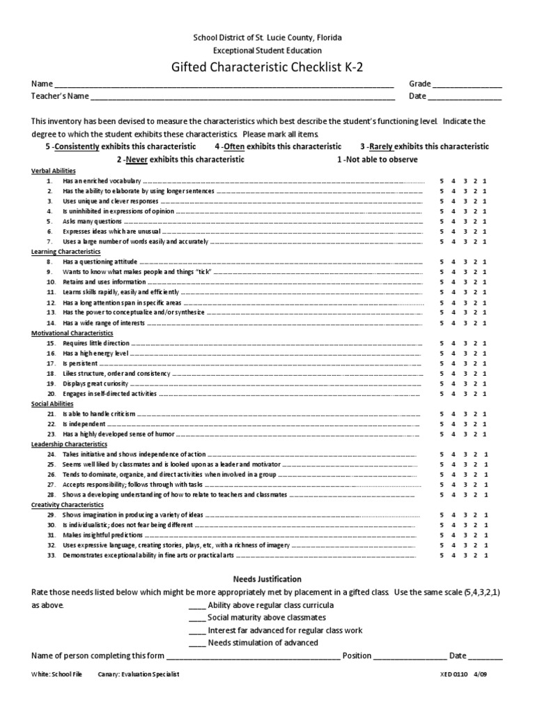 Gifted Characteristic Checklist K-2 | PDF | Neuropsychological ...
