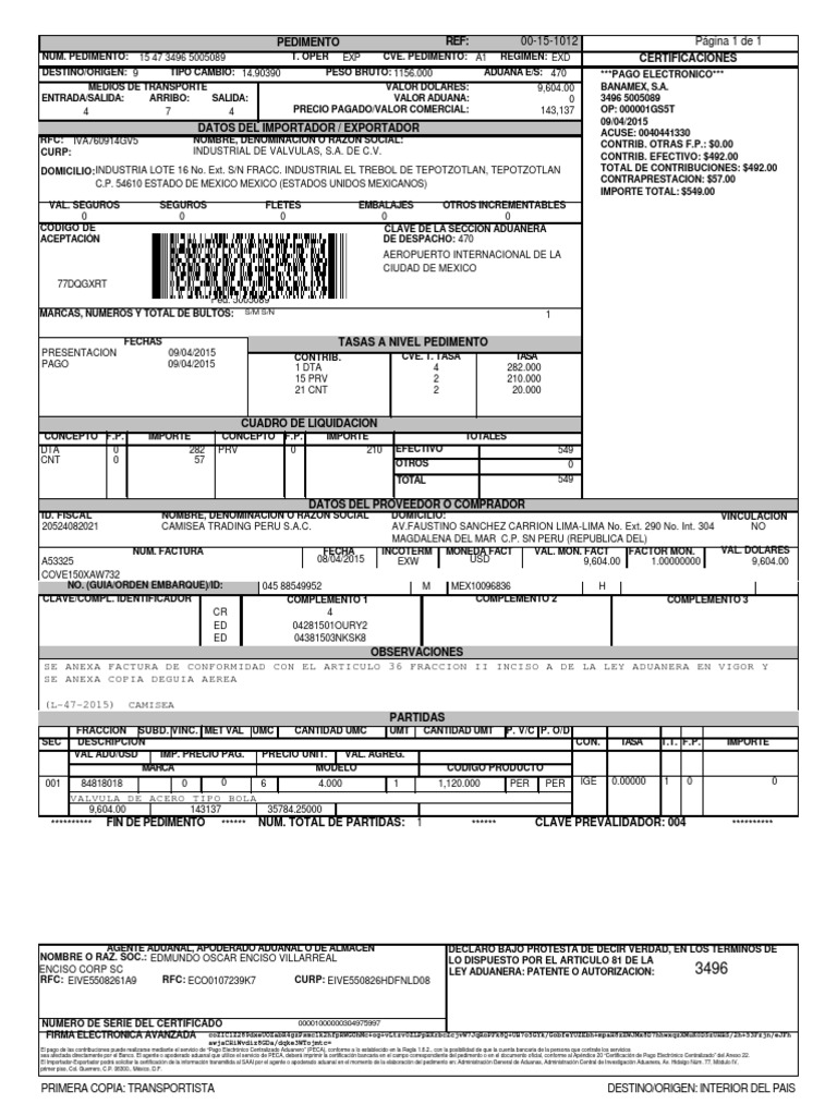 Pedimento Pagado 5005089.pdf | aduana | Industrias