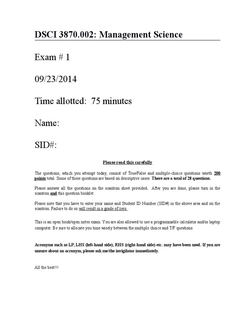 DSCI 3870 Fall 2014 Exam 1 Key | PDF | Mathematical Optimization ...
