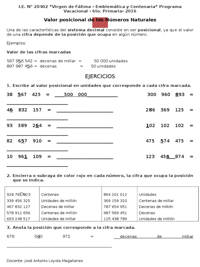 Ejercicios de Valor Posicional 6to Primaria | PDF | Codificaciones ...