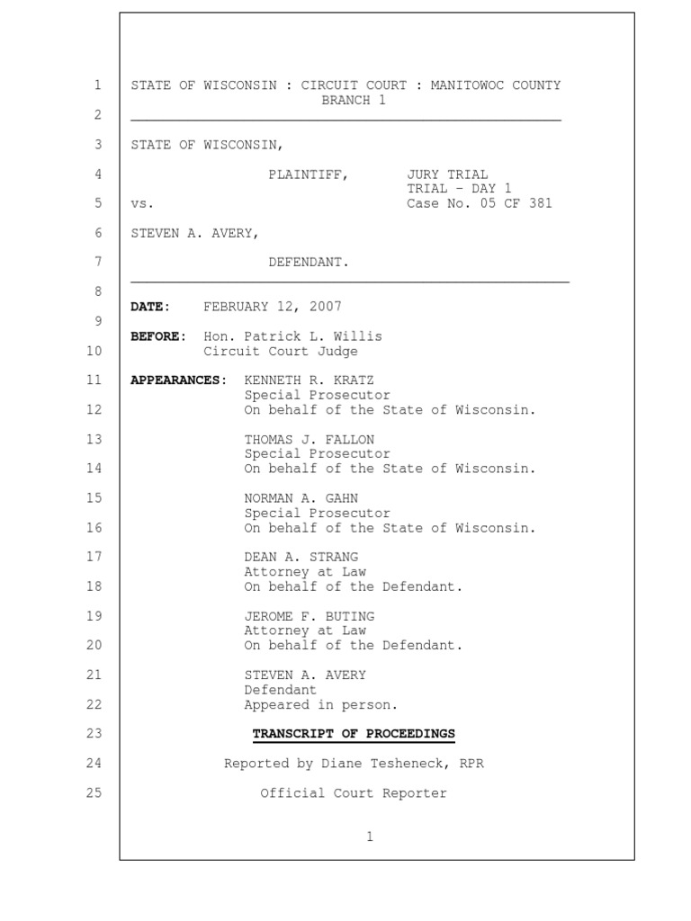 Avery Jury Trial Transcript Day 1 2007feb12 | PDF | Steven Avery | Witness