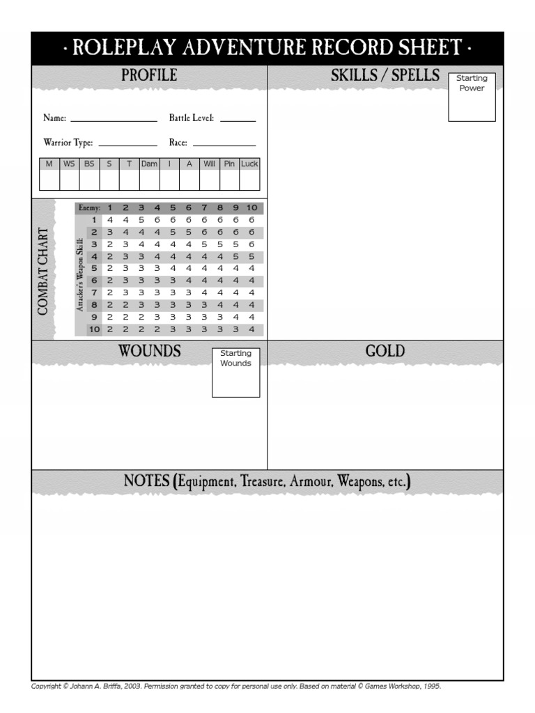 Warhammer Quest - Character Sheet 1 | PDF | Role Playing Games ...