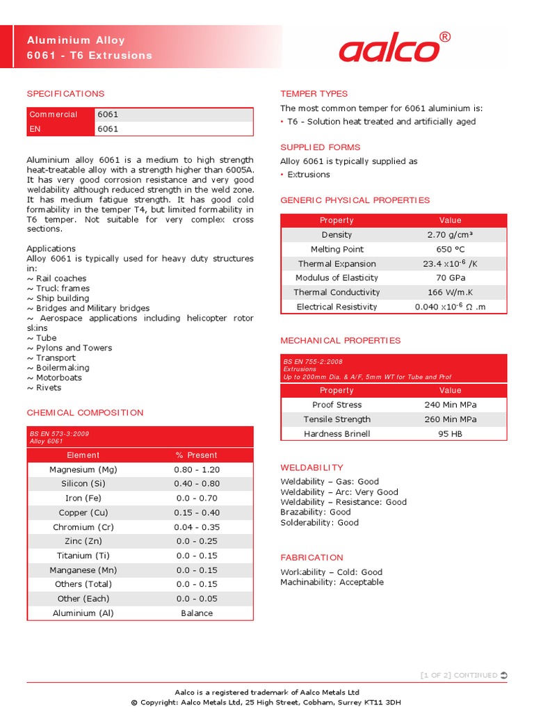 Aalco Metals LTD Aluminium Alloy 6061 T6 Extrusions 145 | PDF | Alloy ...